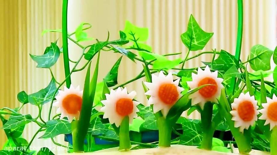 Attractive Garnish of Radish Carrot Flowers with Onion Designs - Fruit ...