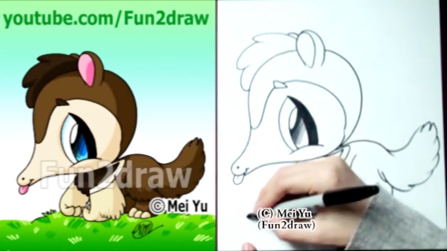 Easy Cartoon Drawing Tutorials - How to Draw Animals (Cute Anteater)