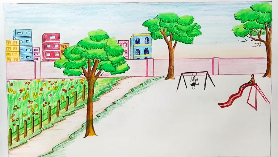 How to draw scenery of Children's play step by step