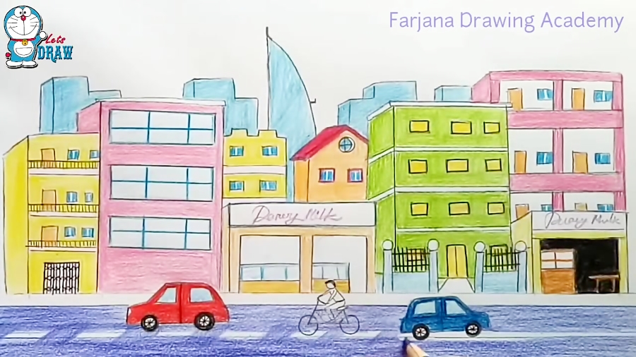 How to draw city step by step / City drawing tutorial for beginners