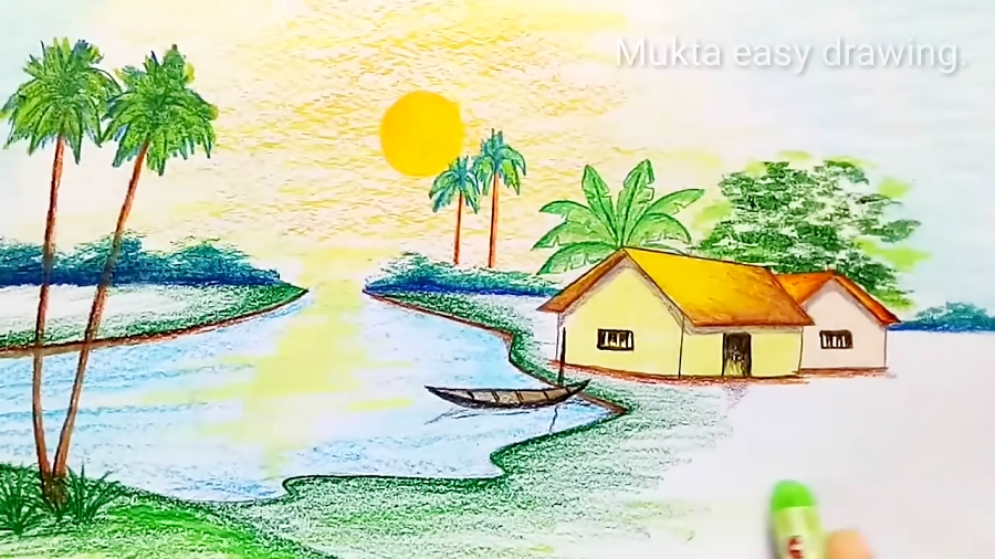 How to draw Riverside Village Scenery.Step by step(easy draw)