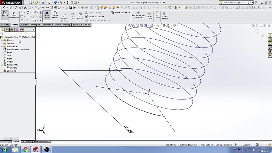 How to make a copper helical pipe coil in SolidWorks