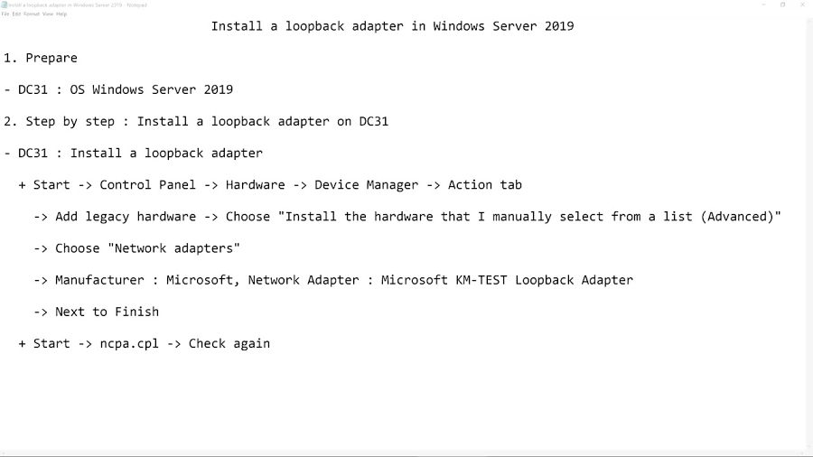 Install a loopback adapter in Windows Server 2019