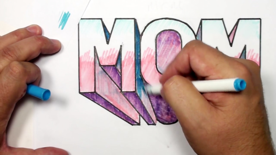 How to Draw 3D Block Letters MOM in One Point Perspective - MAT