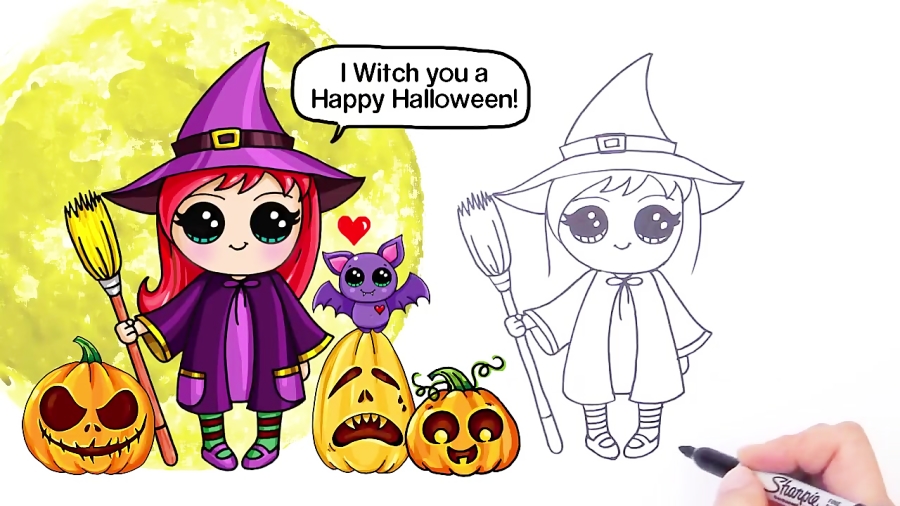 How to Draw a Cute Girl Witch step by step - Halloween Costume Fun