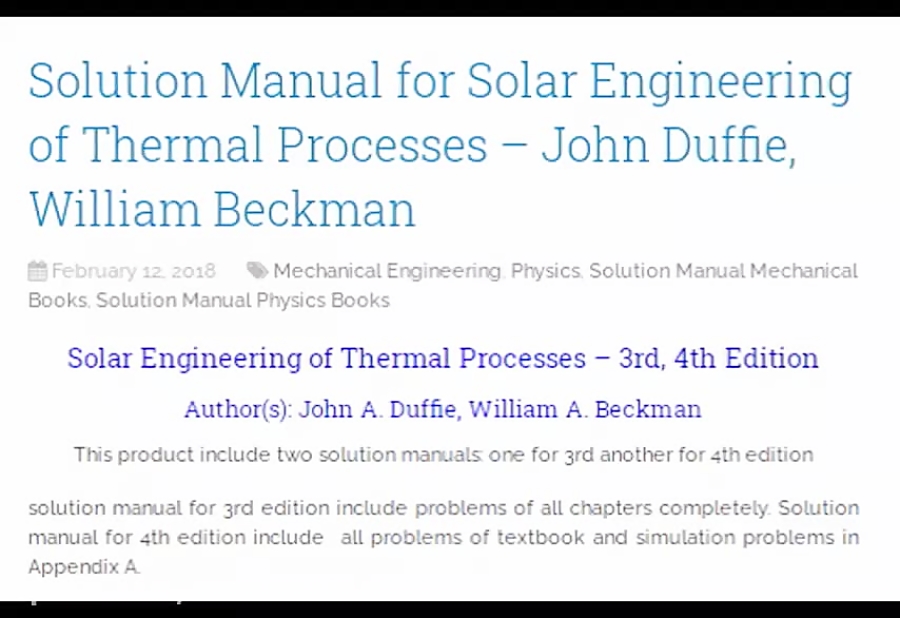 Solution Manual for Solar Engineering of Thermal Processes