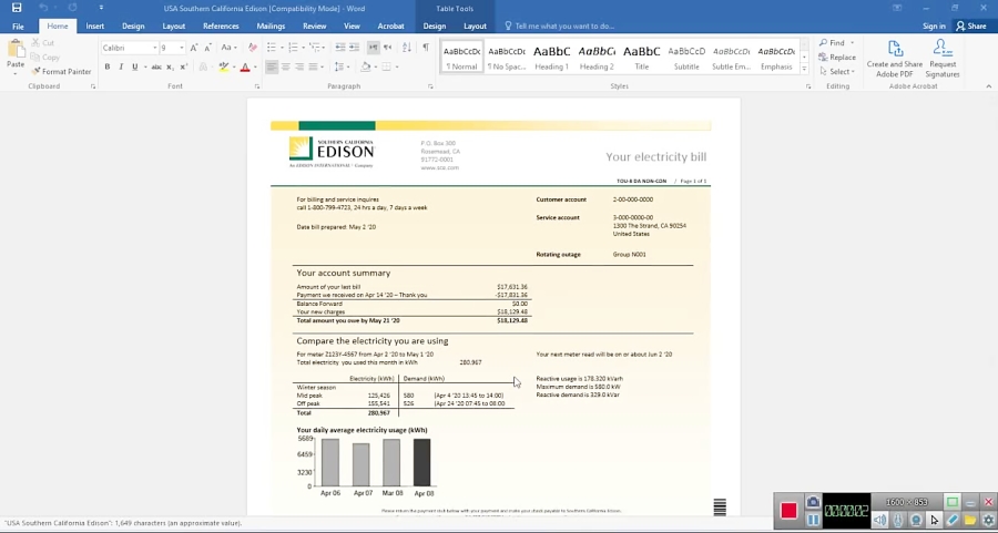 USA SOUTHERN CALIFORNIA EDISON UTILITY BILL TEMPLATE IN WORD AND PDF FORMAT