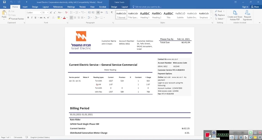 ISRAEL ELECTRIC CORPORATION UTILITY BILL TEMPLATE