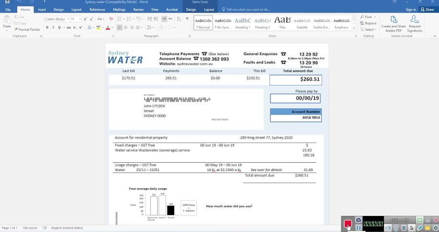 AUSTRALIA SYDNEY WATER UTILITY BILL TEMPLATE, FULLY EDITABLE