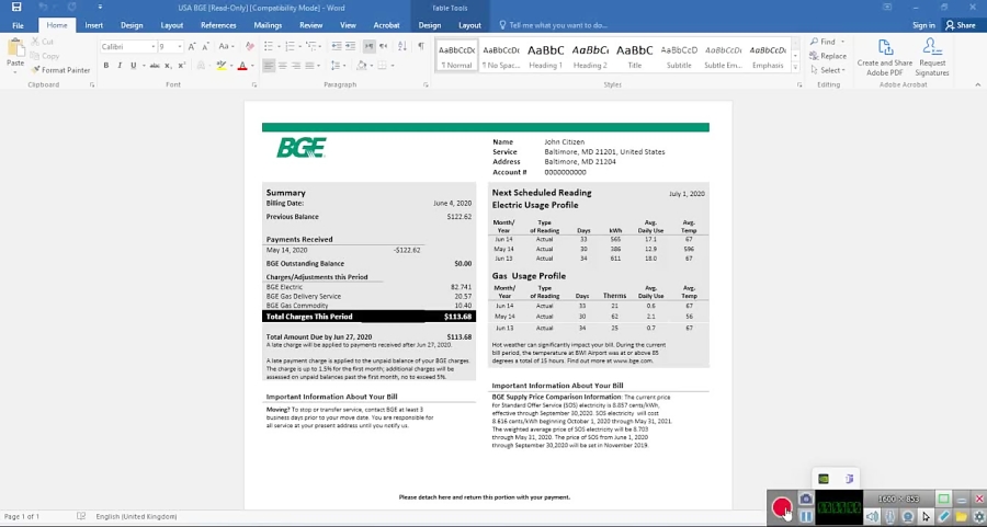 USA MARYLAND BGE GAS AND ELECTRIC UTILITY BILL TEMPLATE IN WORD AND PDF ...