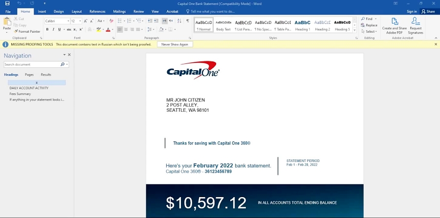 USA CAPITAL ONE BANK STATEMENT WORD AND PDF TEMPLATE, 4 PAGES