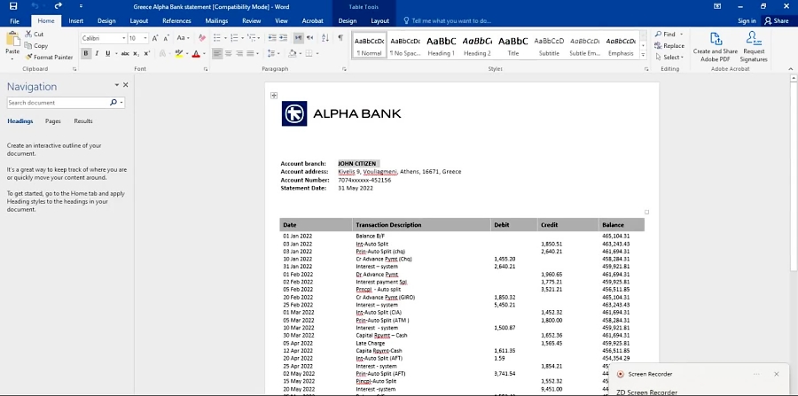 GREECE ALPHA BANK STATEMENT TEMPLATE IN WORD AND PDF FORMAT