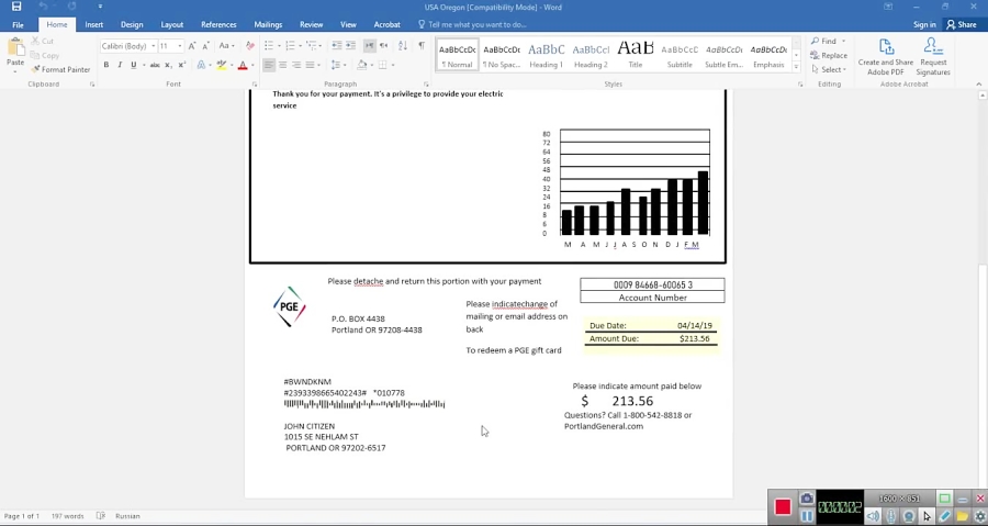 USA OREGON PGE ELECTRICITY UTILITY BILL TEMPLATE IN WORD AND PDF FORMAT