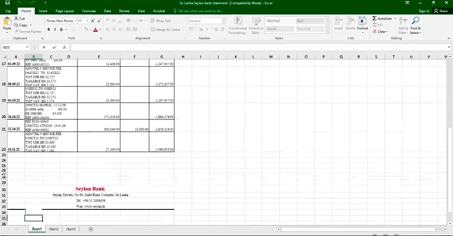 SRI LANKA SEYLAN BANK STATEMENT, EXCEL AND PDF TEMPLATE