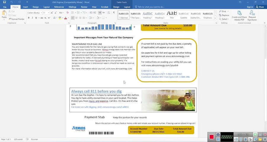 USA VIRGINIA ATMOS ENERGY UTILITY BILL TEMPLATE