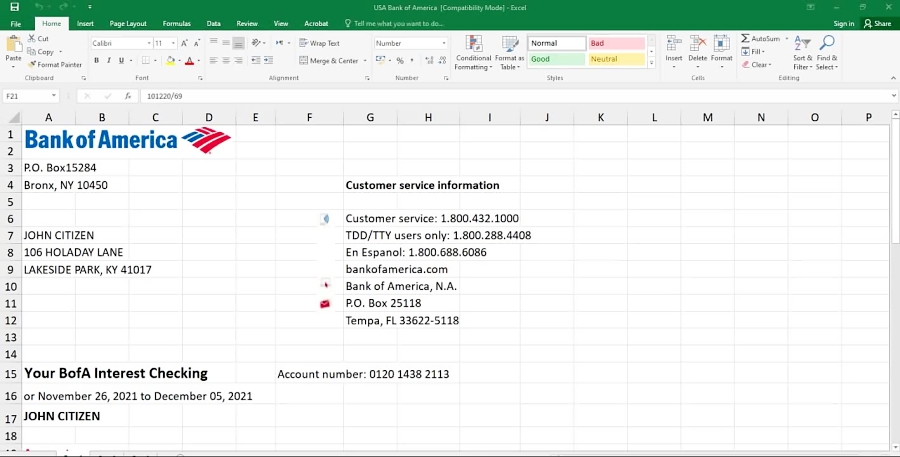 USA BANK OF AMERICA BANK STATEMENT EASY TO FILL TEMPLATE IN .XLS AND ...