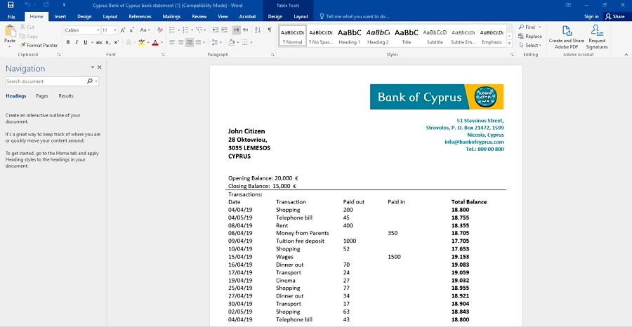 CYPRUS BANK OF CYPRUS PROOF OF ADDRESS BANK STATEMENT TEMPLATE
