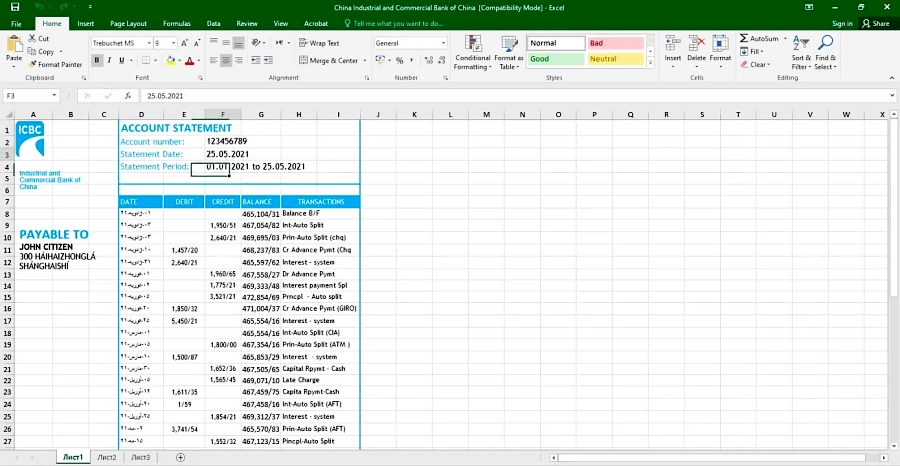 CHINA INDUSTRIAL AND COMMERCIAL BANK OF CHINA BANK STATEMENT TEMPLATE