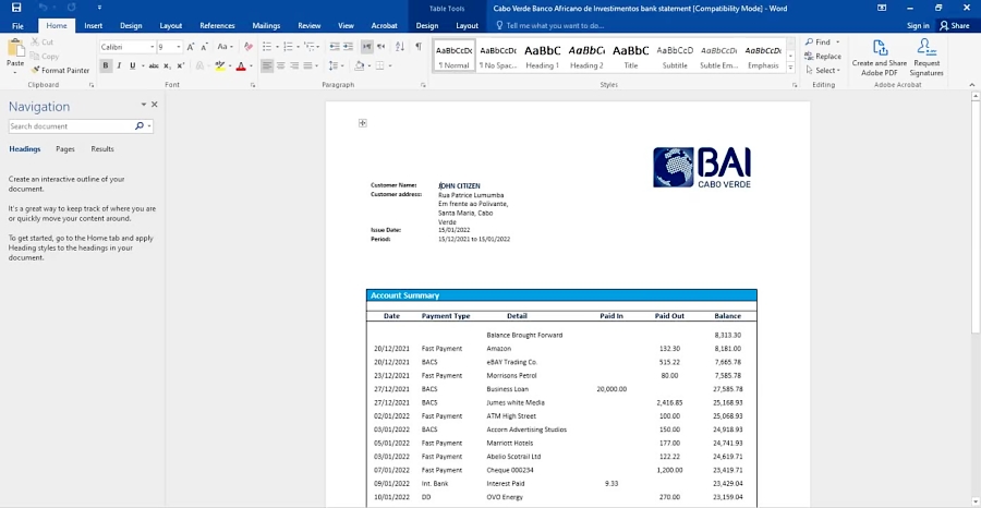 CABO VERDE BANCO AFRICANO DE INVESTIMENTO BANK STATEMENT WORD AND PDF TEMPLATE