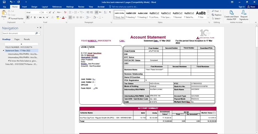 INDIA AXIS BANK STATEMENT, WORD AND PDF TEMPLATE, 3 PAGES