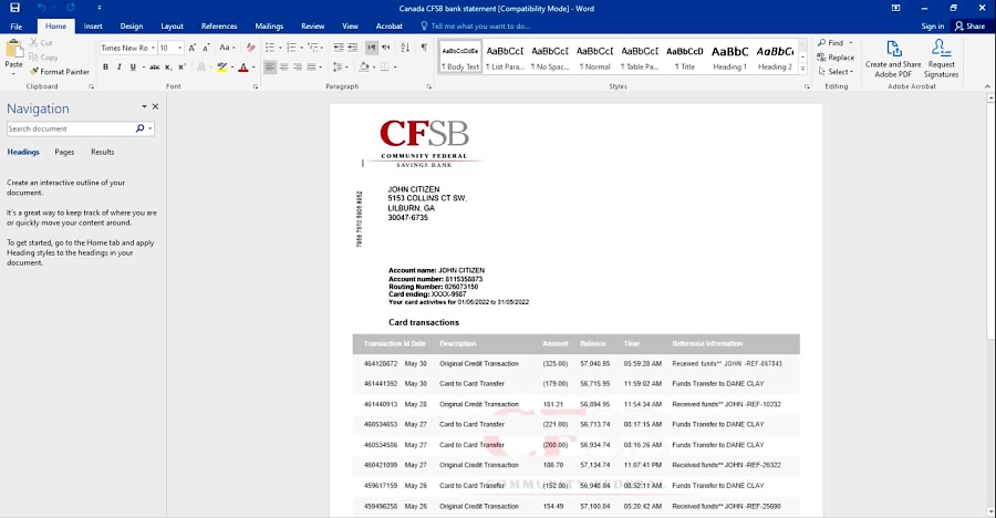 CANADA CFSB BANK STATEMENT, WORD AND PDF TEMPLATE