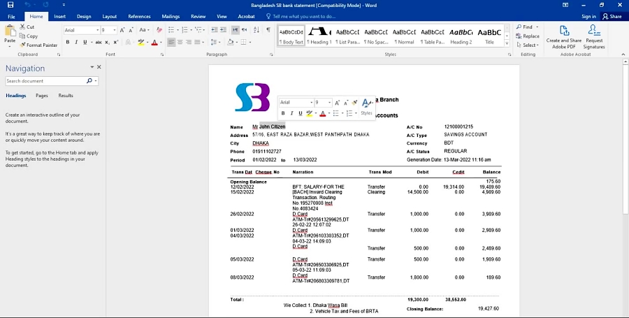 BANGLADESH SB BANK STATEMENT, WORD AND PDF TEMPLATE