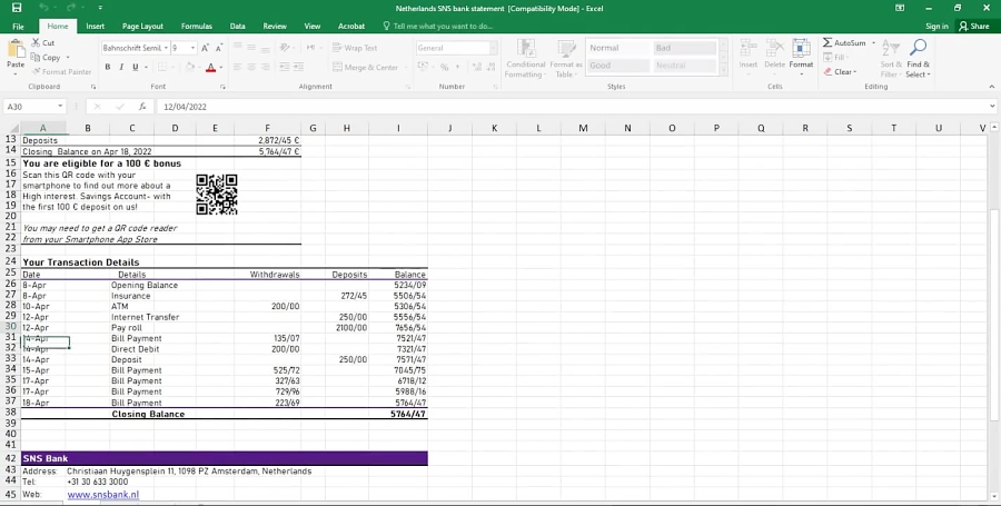 NETHERLANDS SNS BANK STATEMENT EXCEL AND PDF TEMPLATE