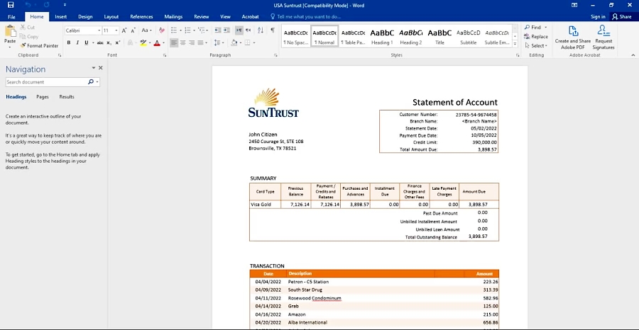 Suntrust Bank Statement Template