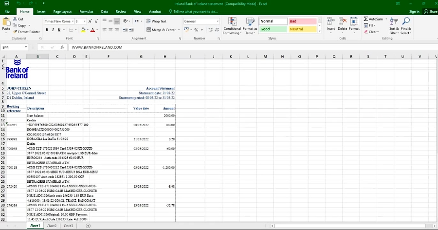 IRELAND BANK OF IRELAND BANK STATEMENT EXCEL AND PDF TEMPLATE