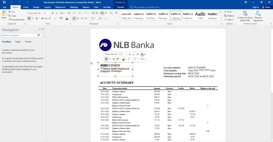 MONTENEGRO NLB BANK STATEMENT TEMPLATE, WORD AND PDF FORMAT (.DOC AND .PDF)