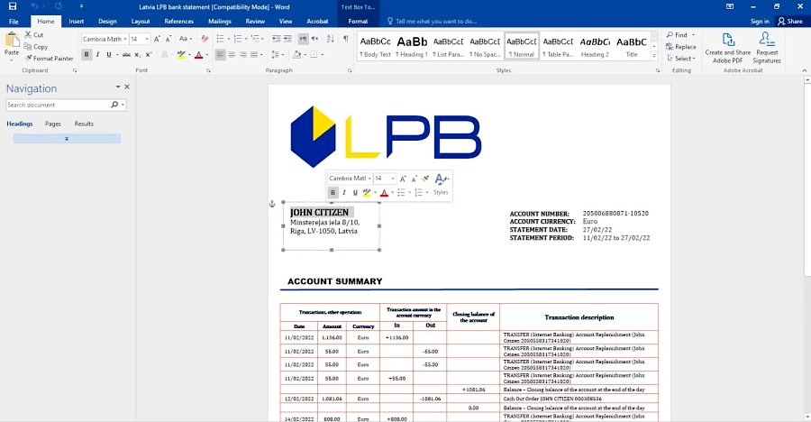 LATVIA LPB BANK STATEMENT TEMPLATE IN WORD AND PDF FORMAT