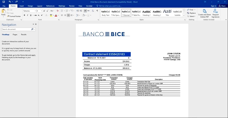 CHILE BANCO BICE BANK STATEMENT TEMPLATE IN WORD AND PDF FORMAT