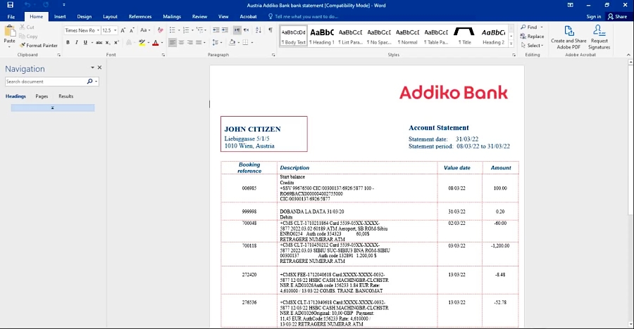 AUSTRIA ADDIKO BANK STATEMENT TEMPLATE IN WORD AND PDF FORMAT