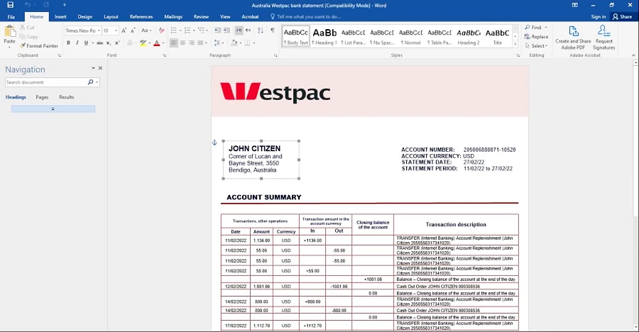 AUSTRALIA WESTPAC BANK STATEMENT TEMPLATE IN WORD AND PDF FORMAT