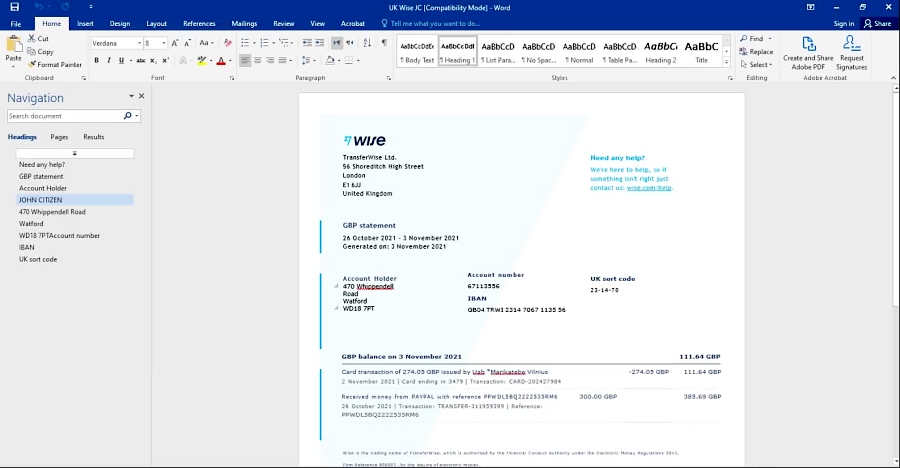 UNITED KINGDOM WISE BANK STATEMENT TEMPLATE IN WORD AND PDF FORMAT