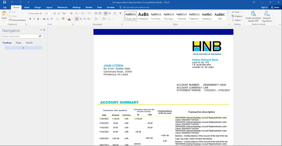 SRI LANKA HATTON NATIONAL BANK STATEMENT TEMPLATE IN WORD AND PDF FORMAT