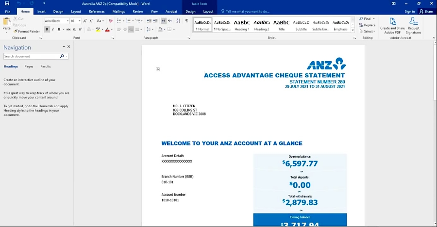 AUSTRALIA ANZ PROOF OF ADDRESS BANK STATEMENT TEMPLATE IN .DOC AND .PDF