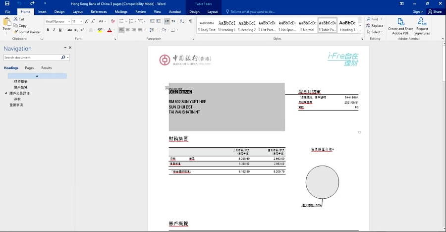 HONG KONG BANK OF CHINA (HONG KONG) BANK STATEMENT TEMPLATE