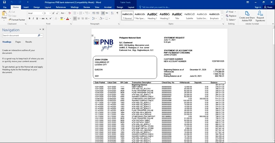 PHILIPPINES PNB BANK STATEMENT TEMPLATE IN WORD AND PDF FORMAT (4 PAGES)