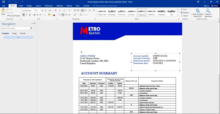 UNITED KINGDOM METRO BANK STATEMENT TEMPLATE IN WORD AND PDF FORMAT