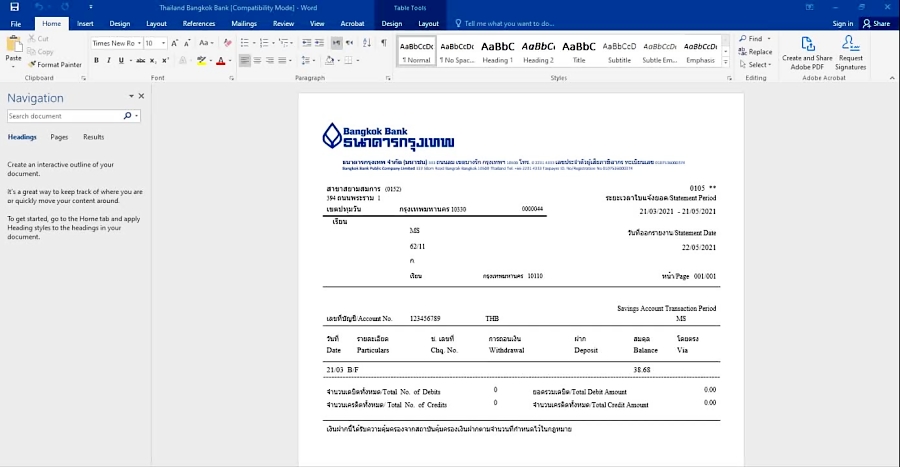 THAILAND BANGKOK BANK ACCOUNT STATEMENT TEMPLATE IN WORD AND PDF FORMAT