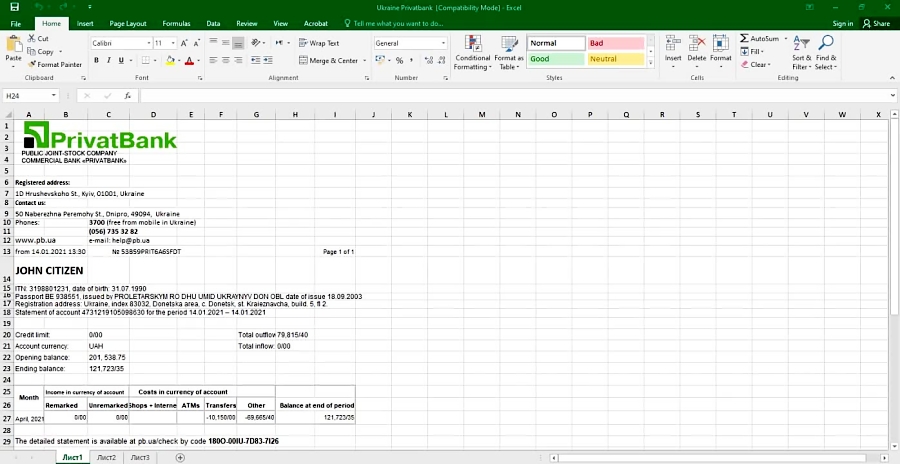 UKRAINE PRIVATBANK STATEMENT TEMPLATE IN EXCEL AND PDF FORMAT