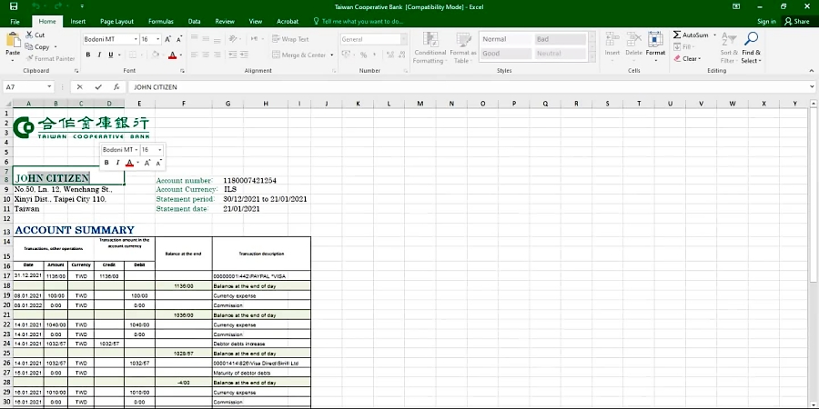 TAIWAN COOPERATIVE BANK STATEMENT EASY TO FILL TEMPLATE IN EXCEL AND ...