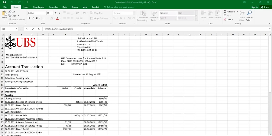 SWITZERLAND UBS BANK STATEMENT EASY TO FILL TEMPLATE IN EXCEL AND PDF FORMAT