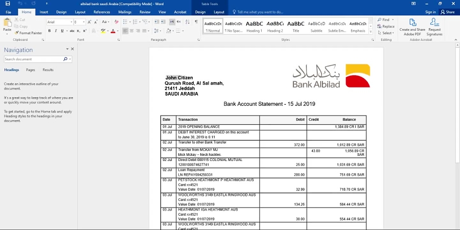 SAUDI ARABIA BANK ALBILAD BANK STATEMENT TEMPLATE IN WORD AND PDF FORMAT