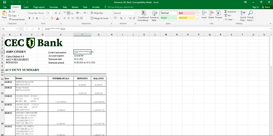 ROMANIA CEC BANK STATEMENT EASY TO FILL TEMPLATE IN EXCEL AND PDF FORMAT
