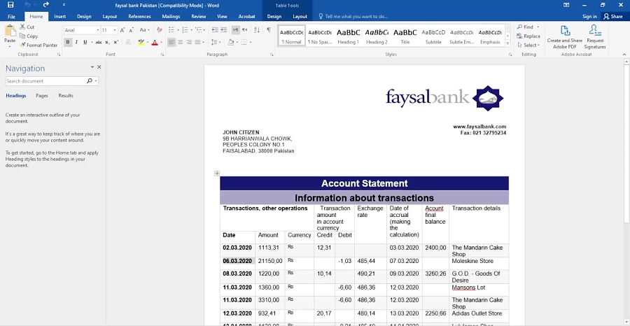PAKISTAN FAYSAL BANK STATEMENT TEMPLATE IN WORD AND PDF FORMAT