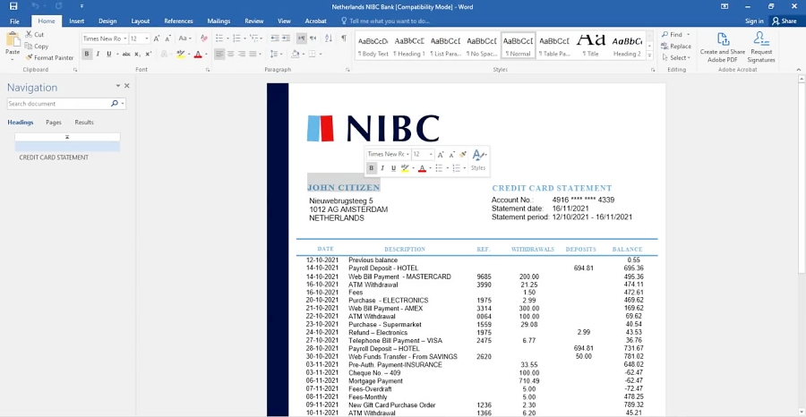 NETHERLANDS NIBC BANK STATEMENT EASY TO FILL TEMPLATE IN WORD AND PDF FORMAT