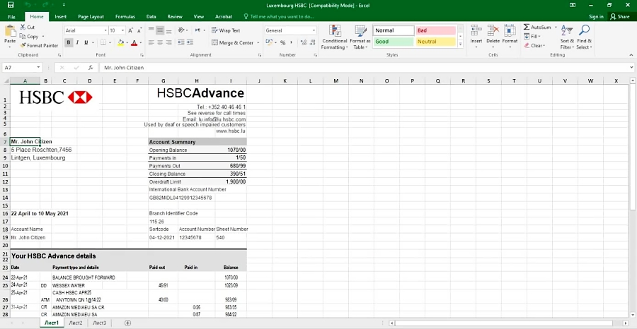 LUXEMBOURG HSBC BANK STATEMENT EASY TO FILL TEMPLATE IN EXCEL AND PDF FORMAT