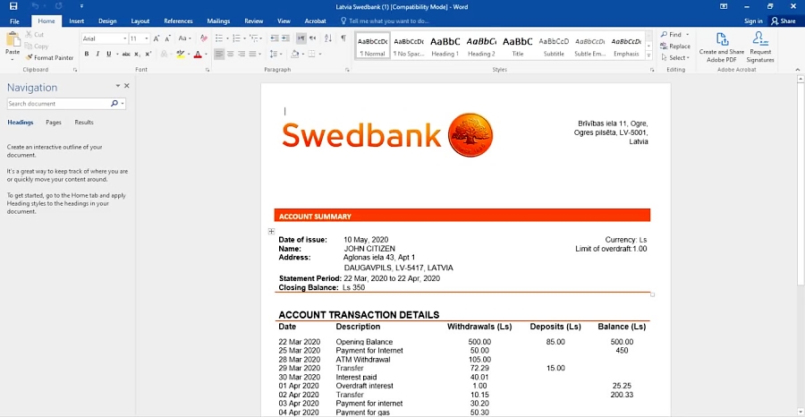 LATVIA SWEDBANK BANK STATEMENT TEMPLATE, WORD AND PDF FORMAT (.DOC AND .PDF)